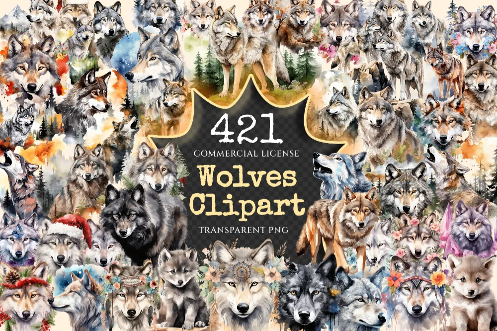 Wolves Watercolor Clipart Bundle - 415+ transparent PNG, Wolf graphics ...